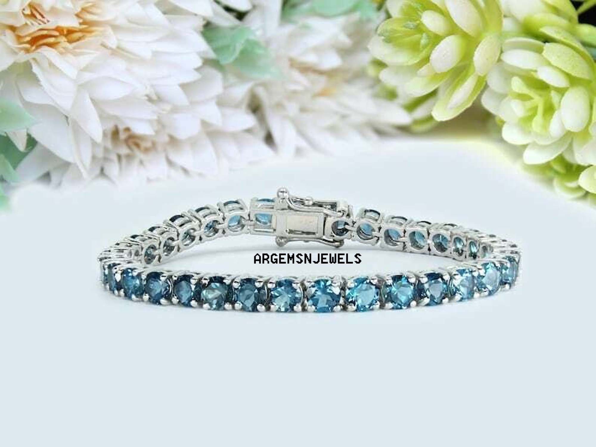 London Blue Topaz Bracelet for Women Round Cut Blue Topaz Tennis Bracelet Unique Blue Gemstone ...