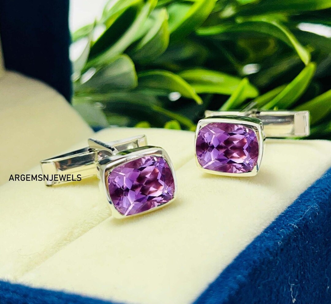 Amethyst Cufflinks: Sterling Silver Cushion Cut Gemstone - Etsy