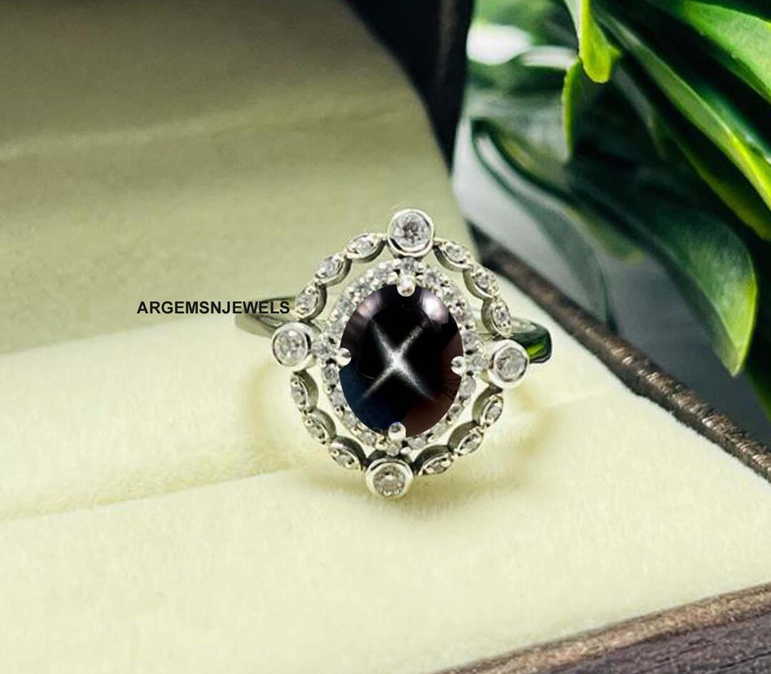 Black Star Sapphire Ring, Art Deco Ring, Statement Ring, 925 Sterling ...