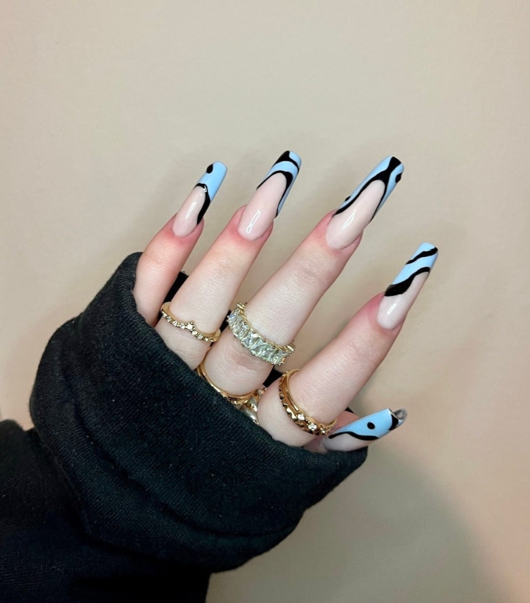 Blue Abstract Nails Long Nails Black Nails Custom Nails - Etsy