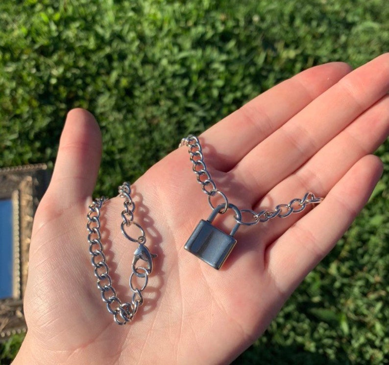 Silver Lock Charm Chain / Choker / Necklace: - Etsy