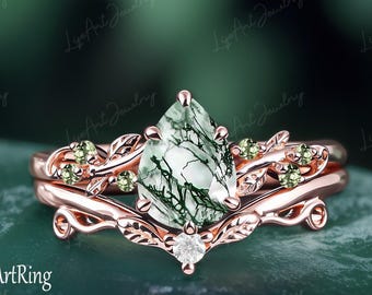 Vintage Moss Agate Engagement Ring Set Rose Gold Green Moss Agate Ring Unique Curved Moissanite ...