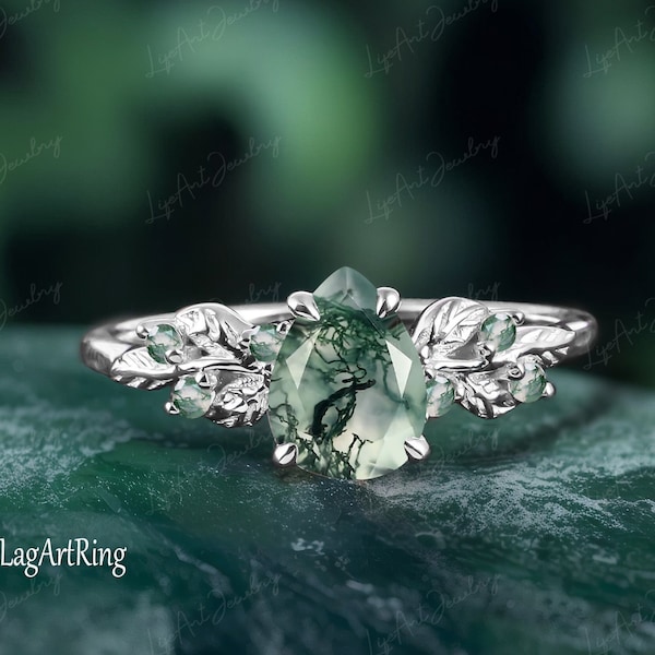 White Gold Ring Moss Agate - Etsy