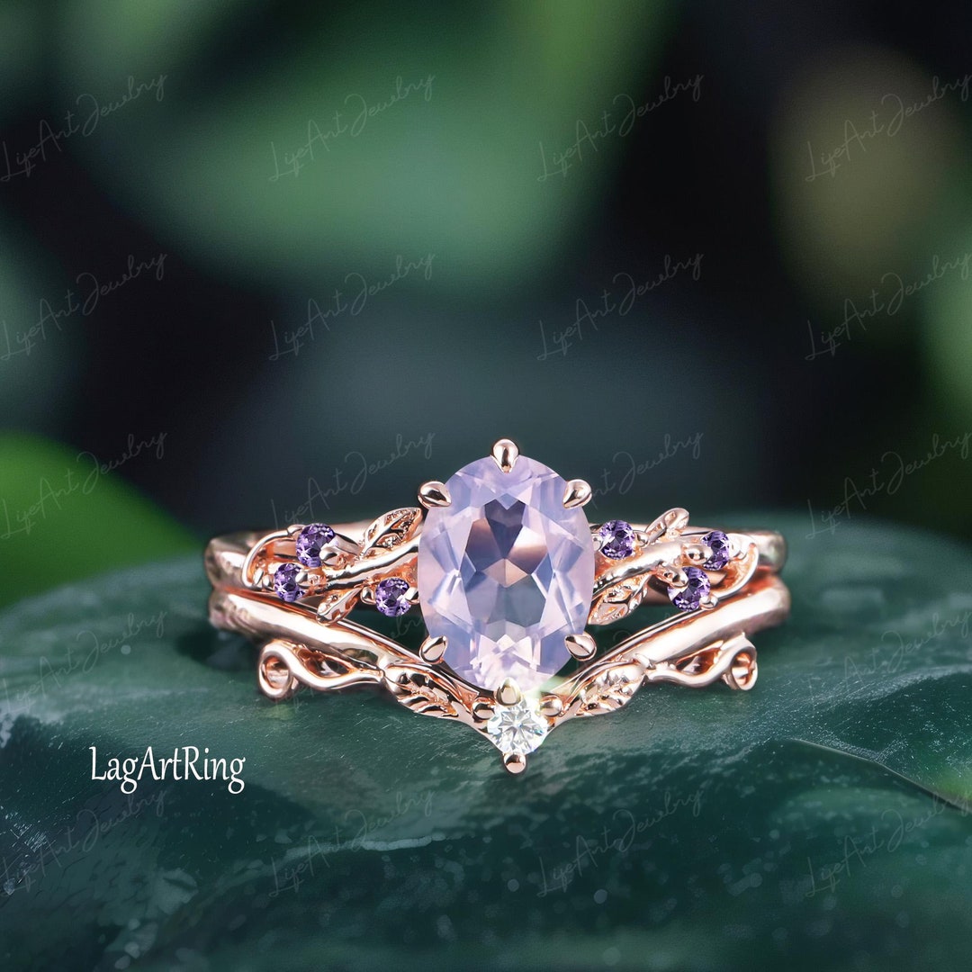 Oval Lavender Amethyst Engagement Ring Set Rose Gold Promise Ring Leaf ...