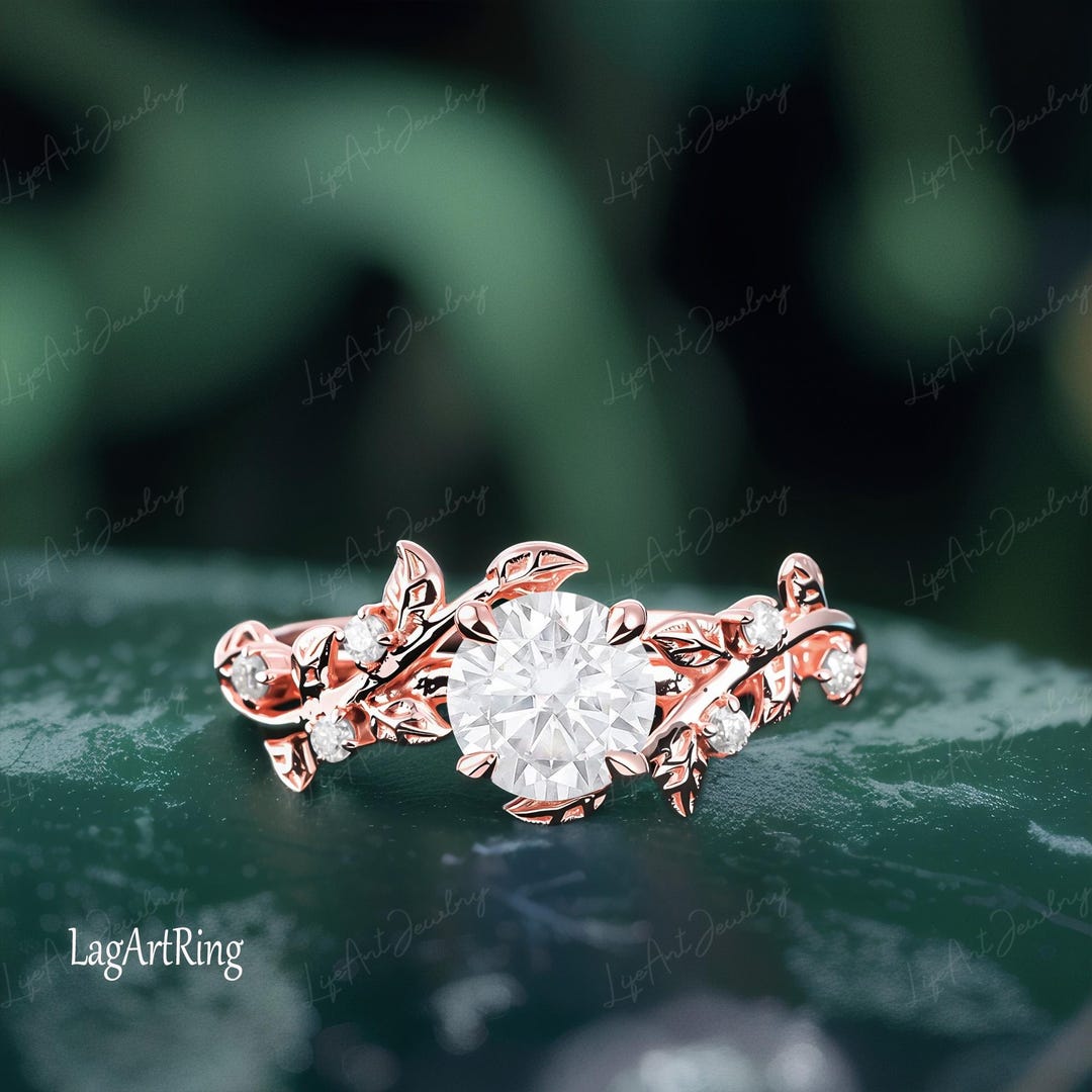 Moissanite Engagement Ring Leaf Design Promise Ring White Gold Diamond ...