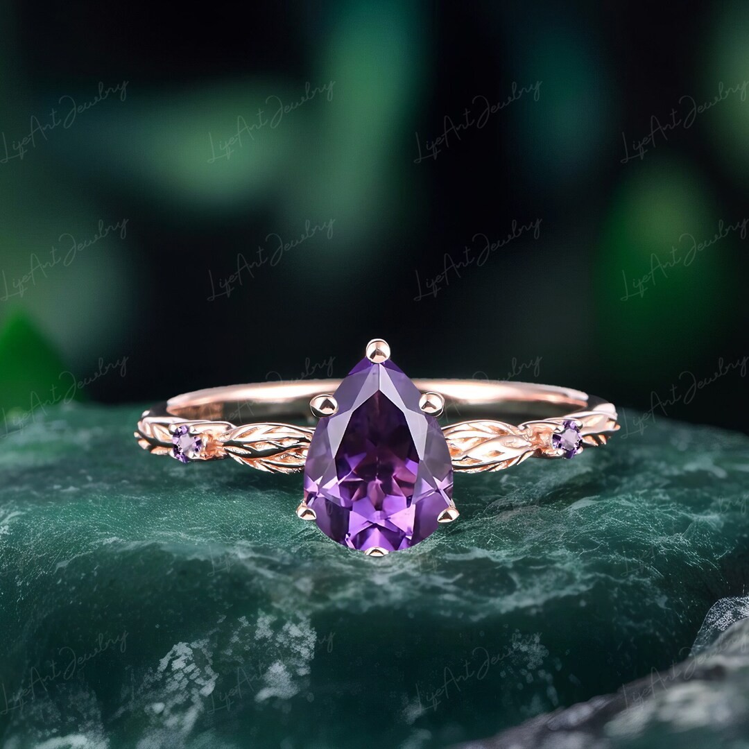 Pear Shaped Amethyst Engagement Ring,solid 14K Rose Gold Promise Ring ...