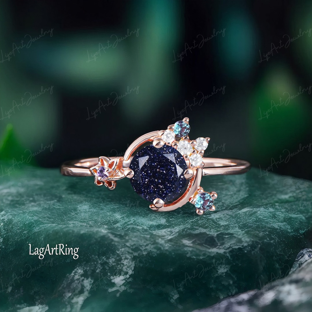 Sandstone Engagement Ring 14K Rose Gold Moon Promise Ring for Her Star and Cresent Wedding ...