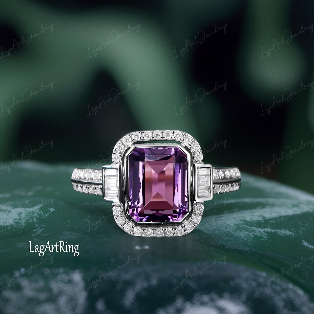 Bezel Set 3CT Emerald Cut Amethyst Engagement Ring Women Art Deco Ring ...