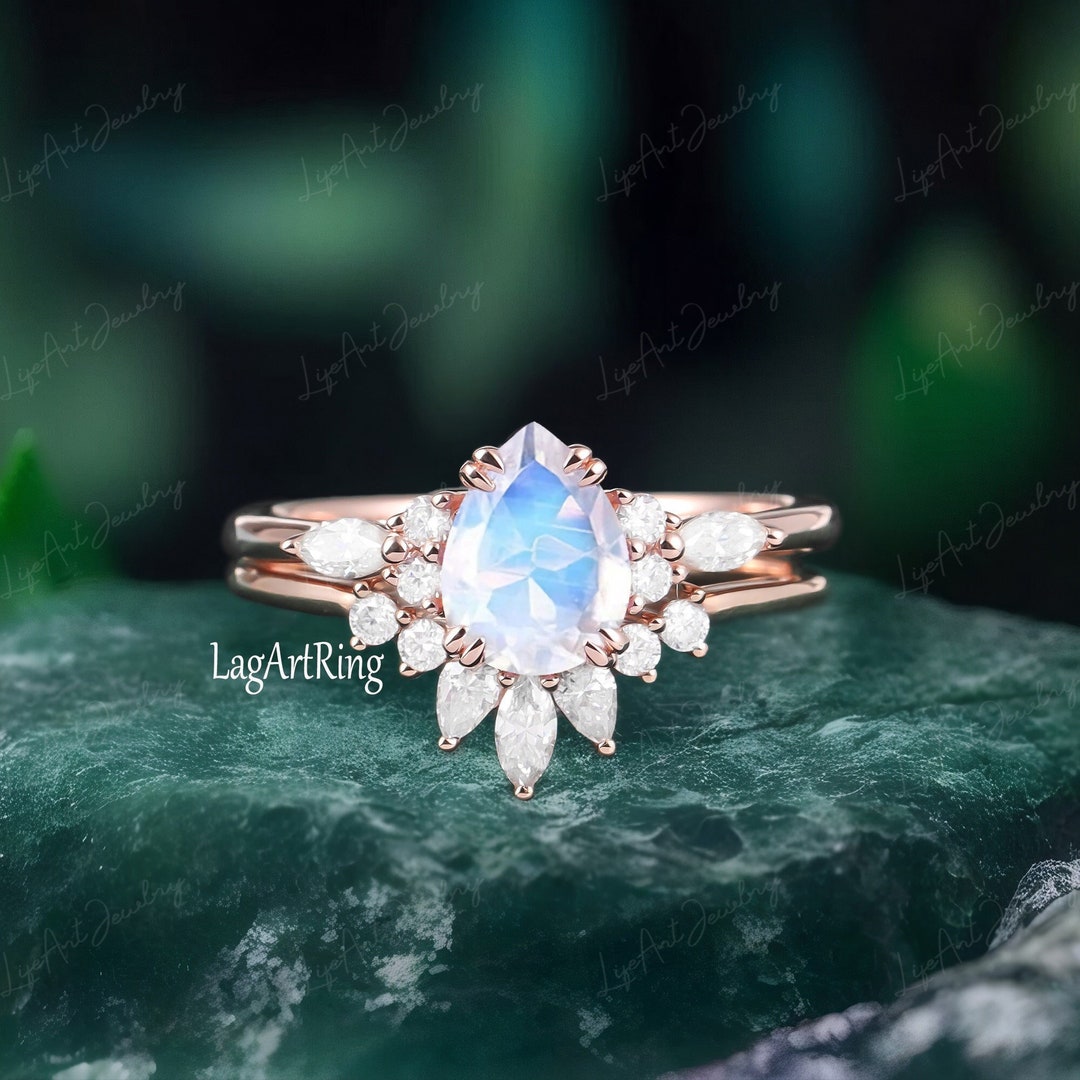 Pear Shaped Moonstone Engagement Ring Set 14K Solid Rose Gold Promise ...