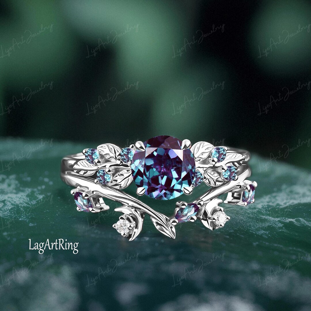 Alexandrite Engagement Ring Set 14K White Gold Promise Ring Leaf Nature ...