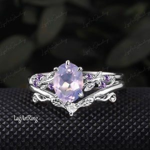 Oval Lavender Amethyst Engagement Ring Set Rose Gold Promise Ring Leaf ...