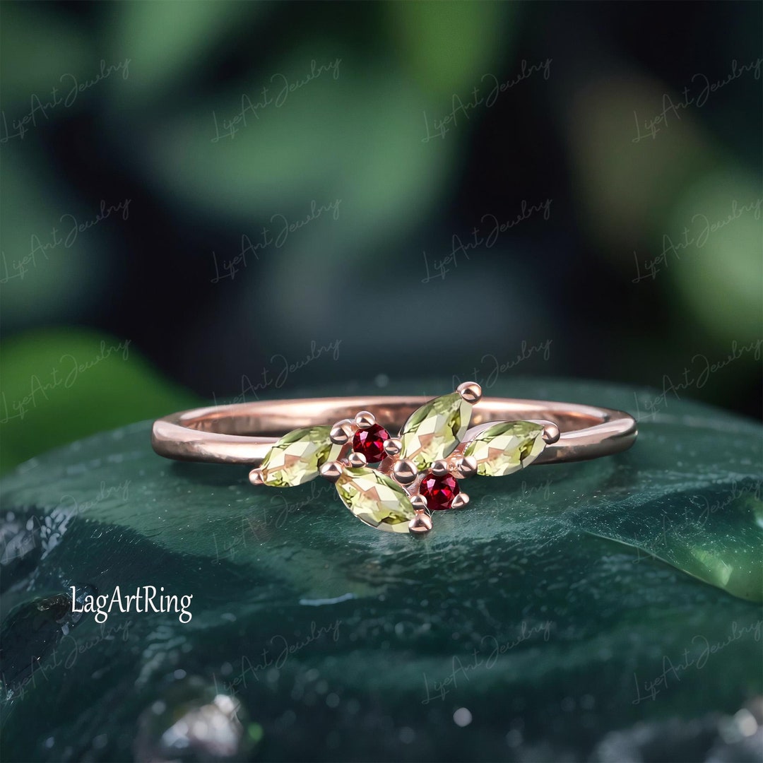 Marquise Peridot Wedding Band,solid 14K Rose Gold Ruby Wedding Band for Her,dainty Promise Ring ...