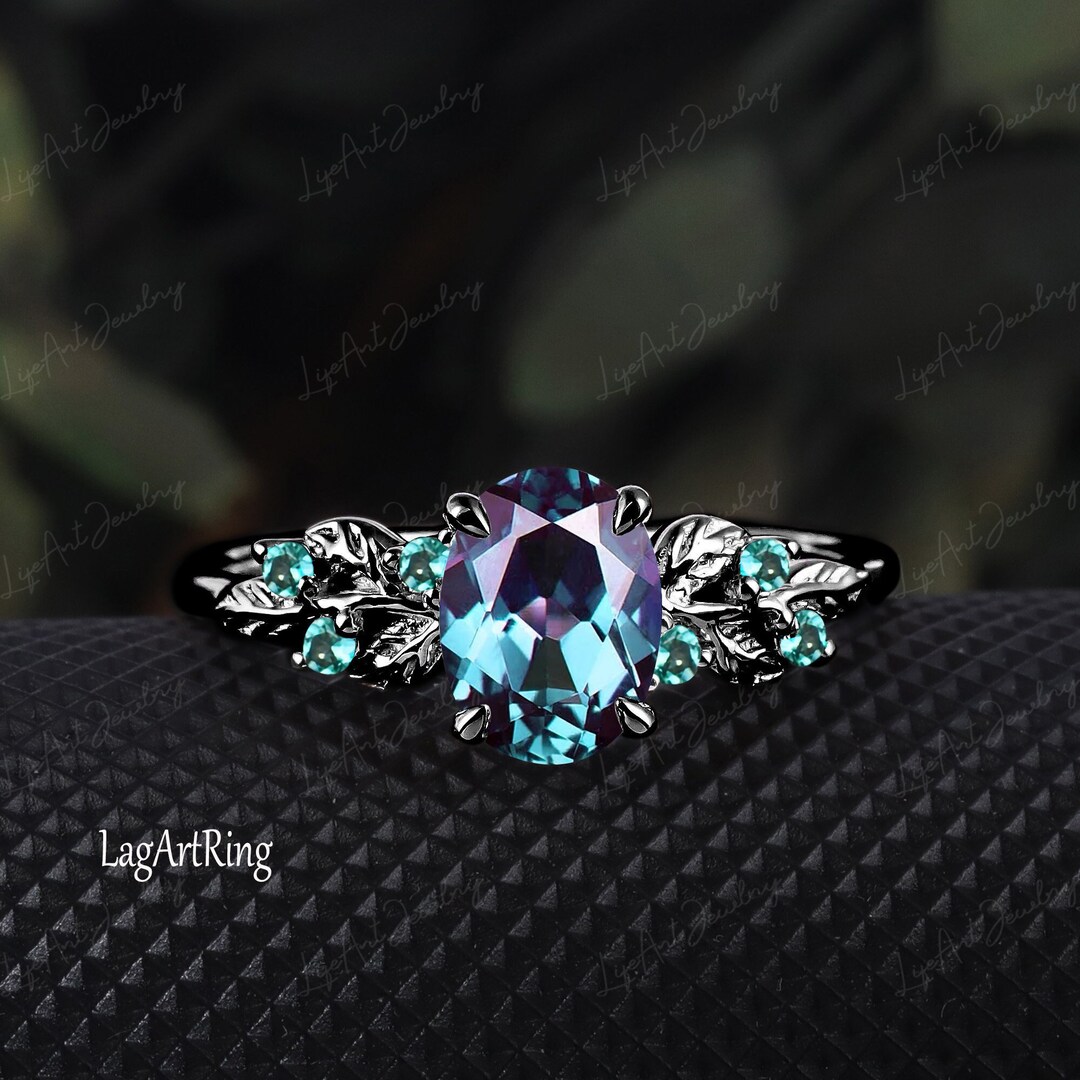 Oval Cut Alexandrite Engagement Ring Black Gold Promise Ring Leaf ...
