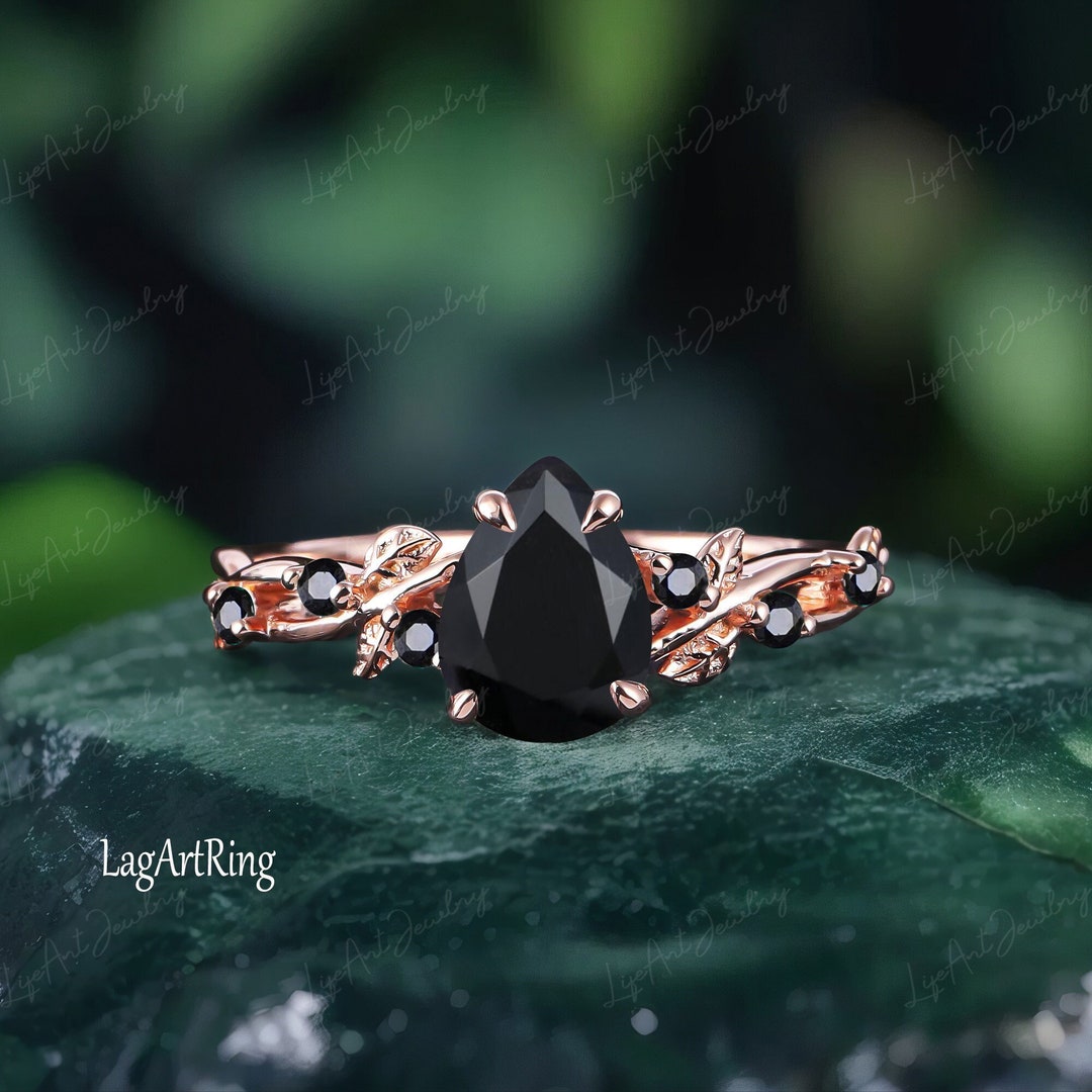 Unique Leaf Ring,black Onyx Engagement Ring,green Gemstone Ring,black ...