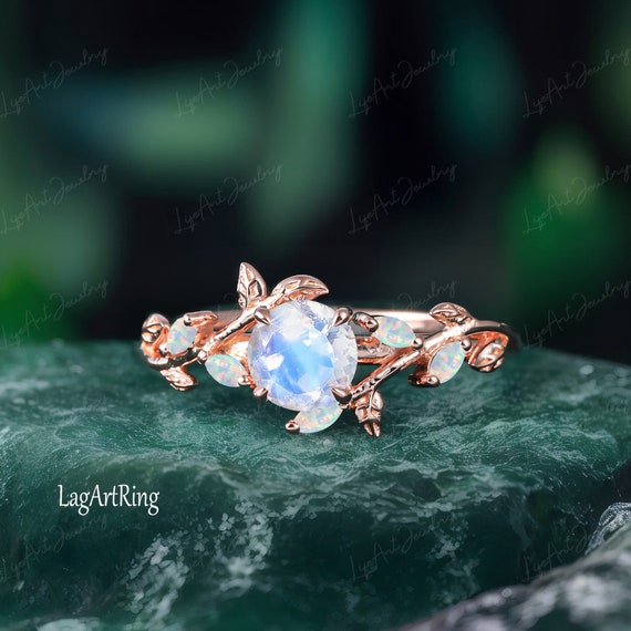 Natural Moonstone Engagement ring 14K Rose Gold Promise Ring for her Twist Leaf Ring Unqiue Vine ring Jewelry Anniversary gifts Women