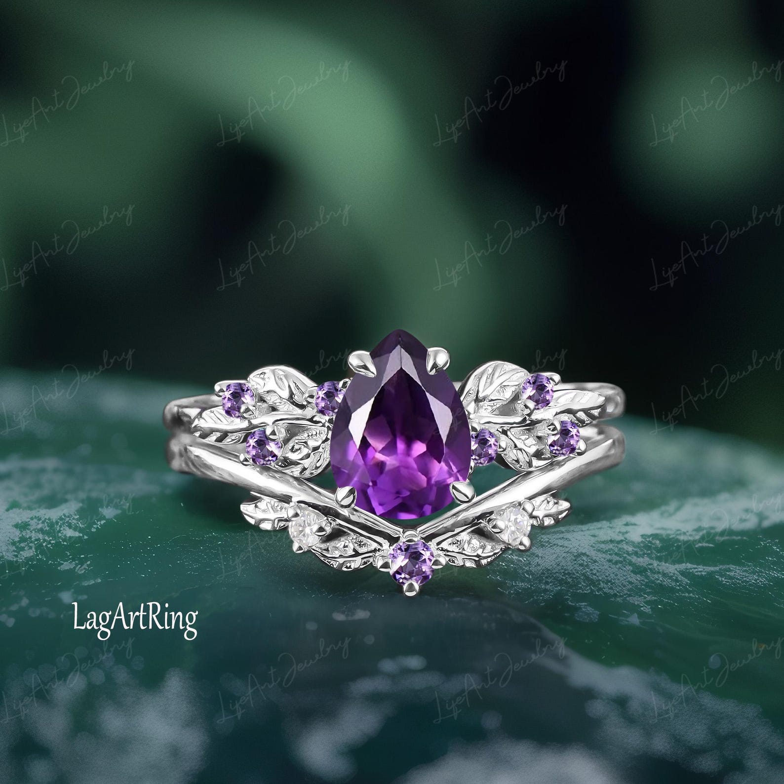 Pear Shaped Amethyst Engagement Ring Black Gold Promise Ring Leaf ...