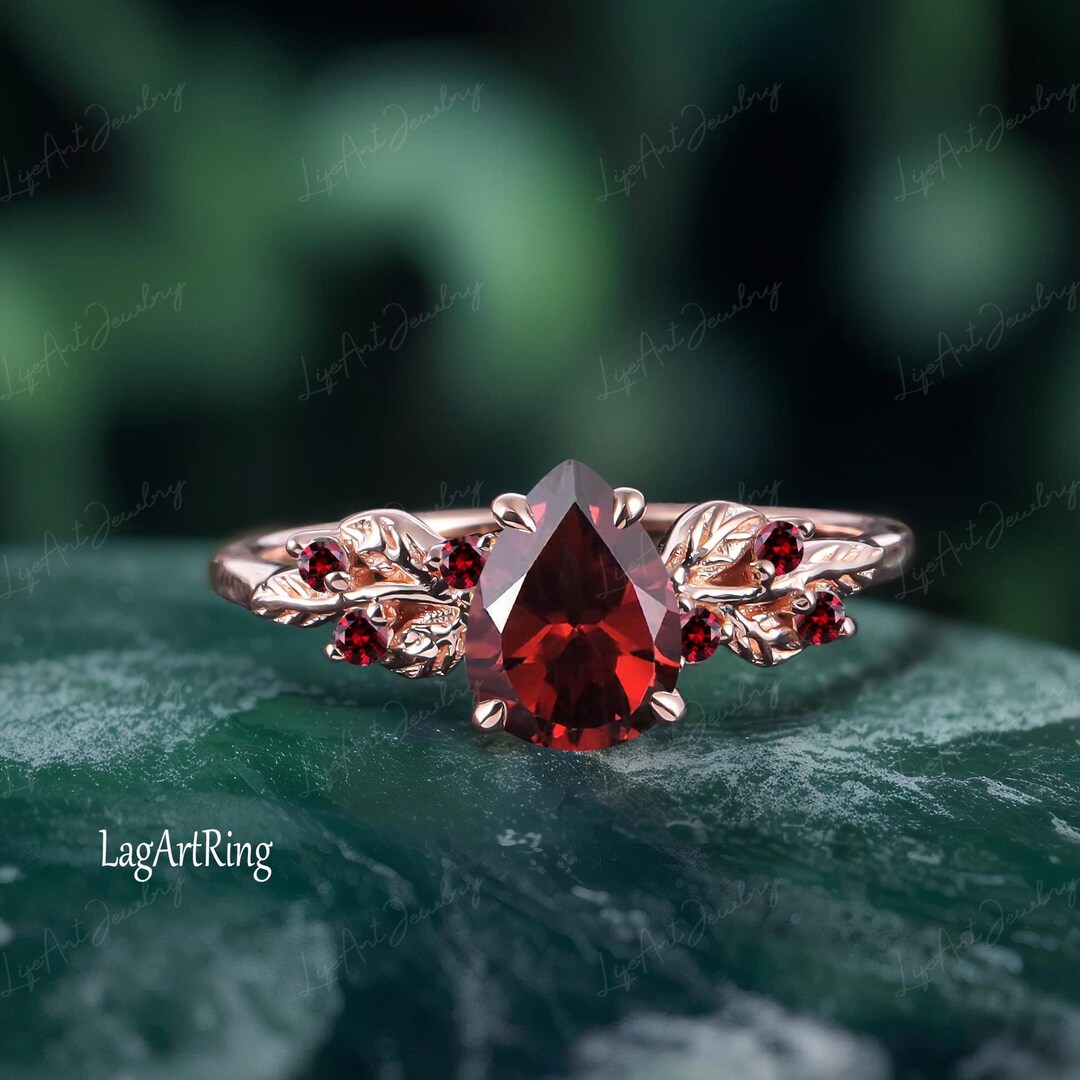 Art Deco Pear Shaped Garnet Engagement Ring Rose Gold Promise Ring Leaf Nature Inspired Bridal ...
