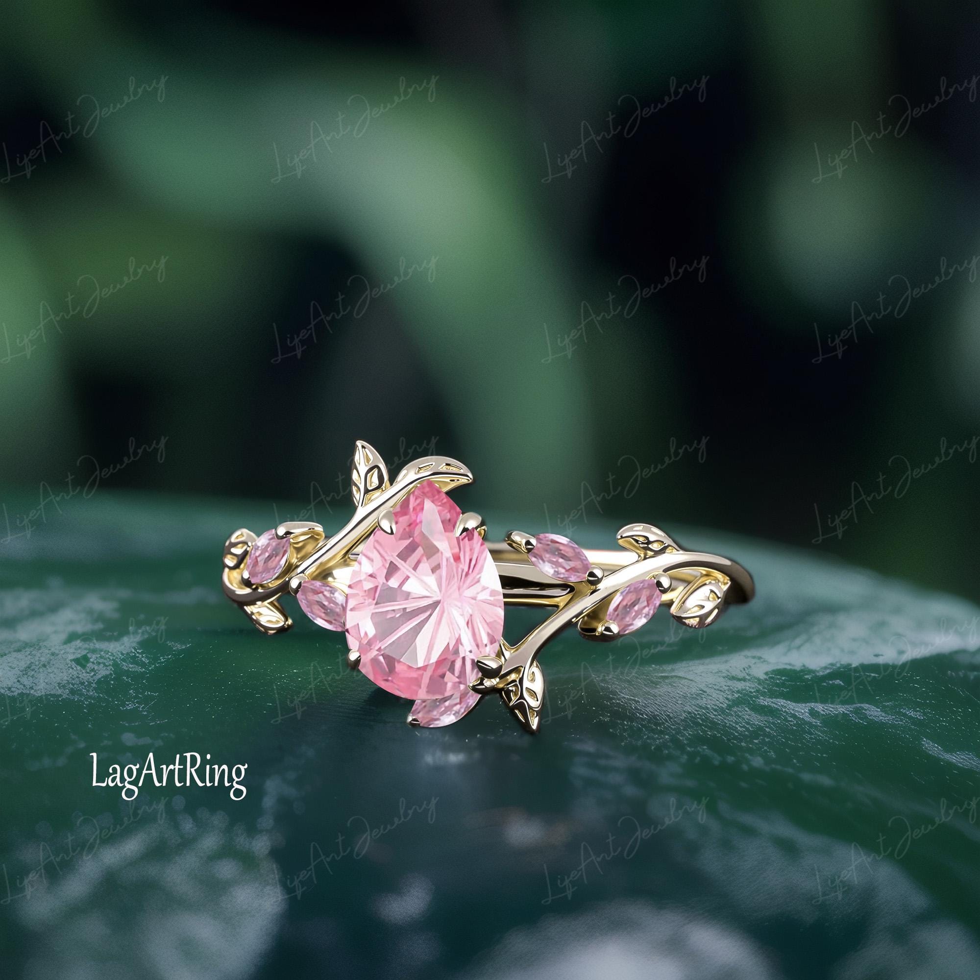 Pear Firework Pink Sapphire Engagement Ring 14K Rose Gold Promise Ring ...