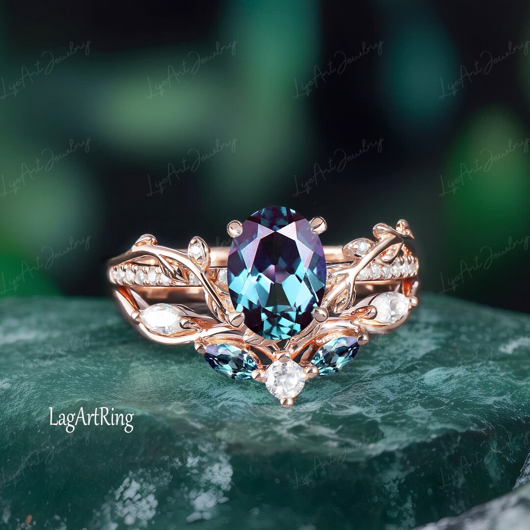 Oval Alexandrite Engagement Ring Sets Solid 14K Rose Gold Promise Ring ...