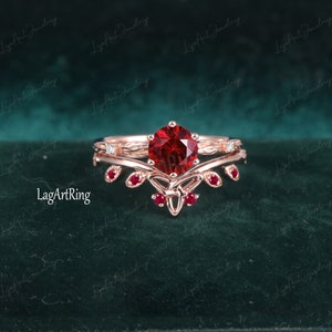 Lab Created Ruby Engagement Ring Set Rose Gold Ring for Women Leaf Design Bridal Set Nature ...