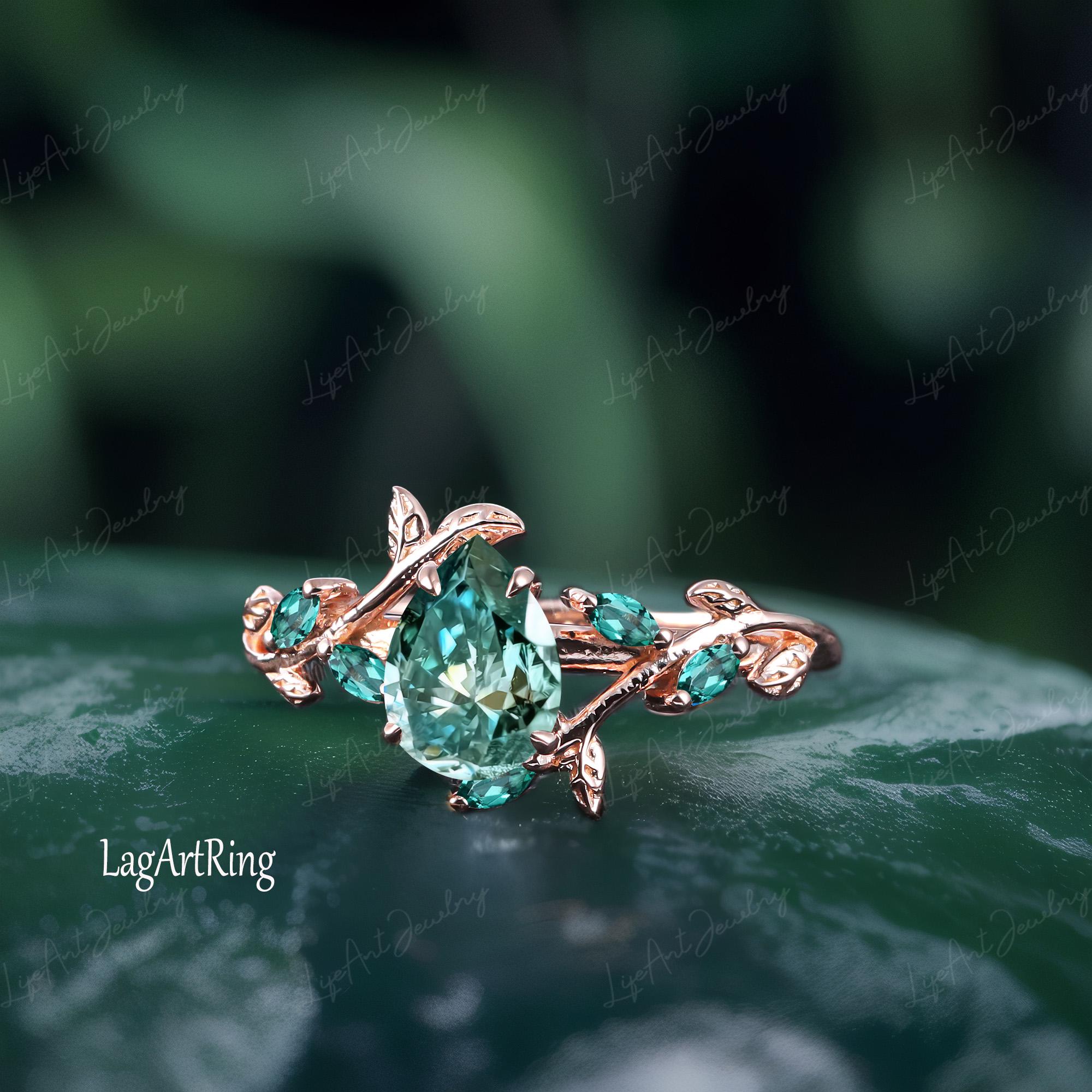 Pear Shaped Green Moissanite Engagement Ring 14K Rose Gold Promise Ring ...
