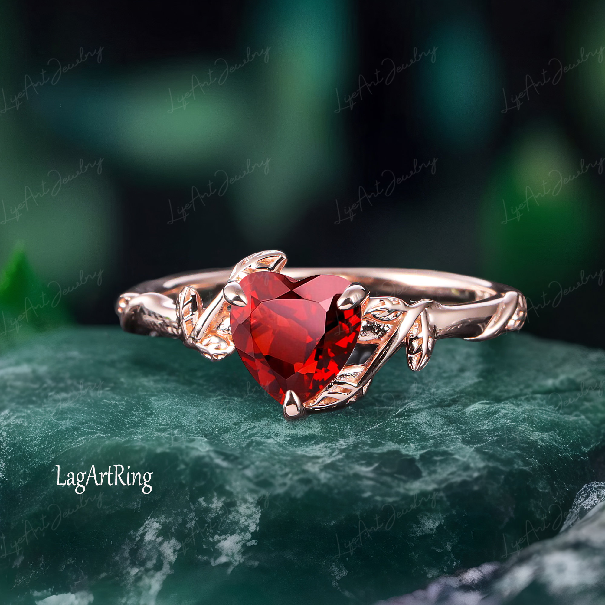 Heart Ruby Engagement Ring Solid 14K Rose Gold Promise Ring for Her ...