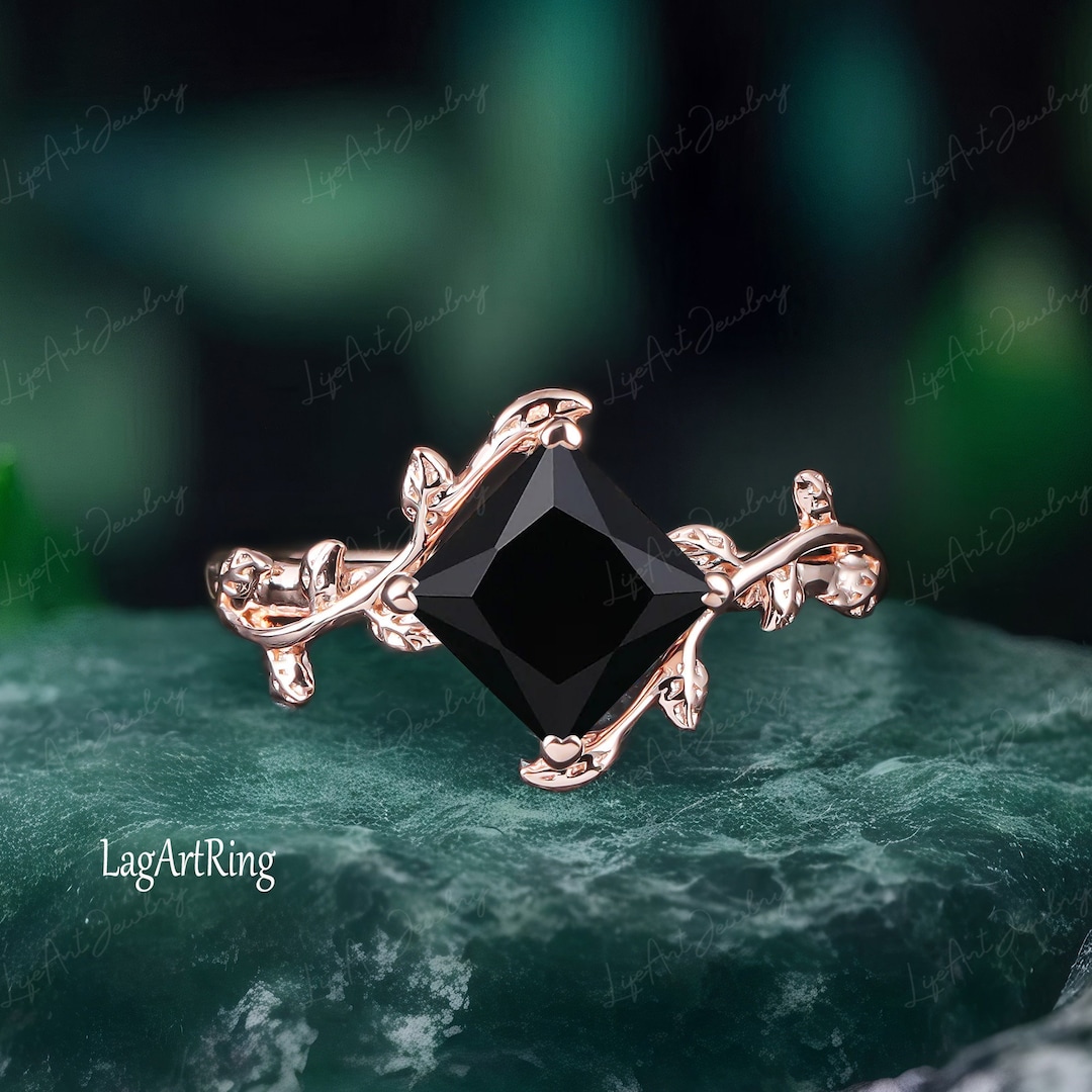 Princess Cut Natural Black Onyx Promise Ring,14k Rose Gold Engagement ...