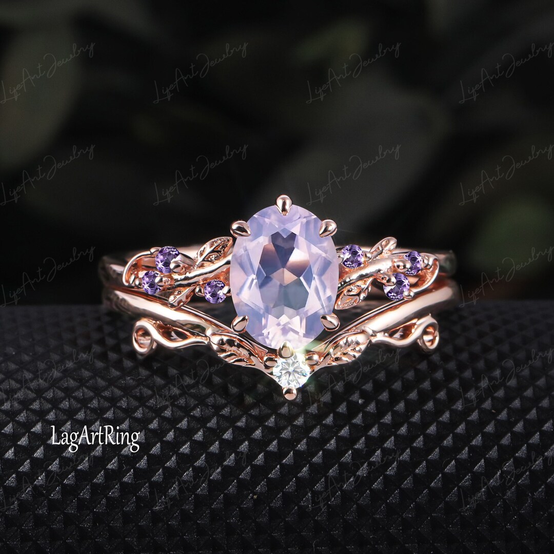 Oval Lavender Amethyst Engagement Ring Set Rose Gold Promise Ring Leaf ...