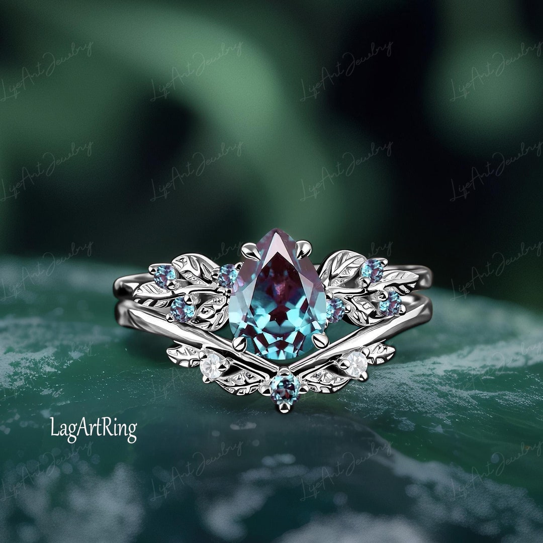 Pear Cut Alexandrite Engagement Ring Set 14K White Gold Promise Ring ...