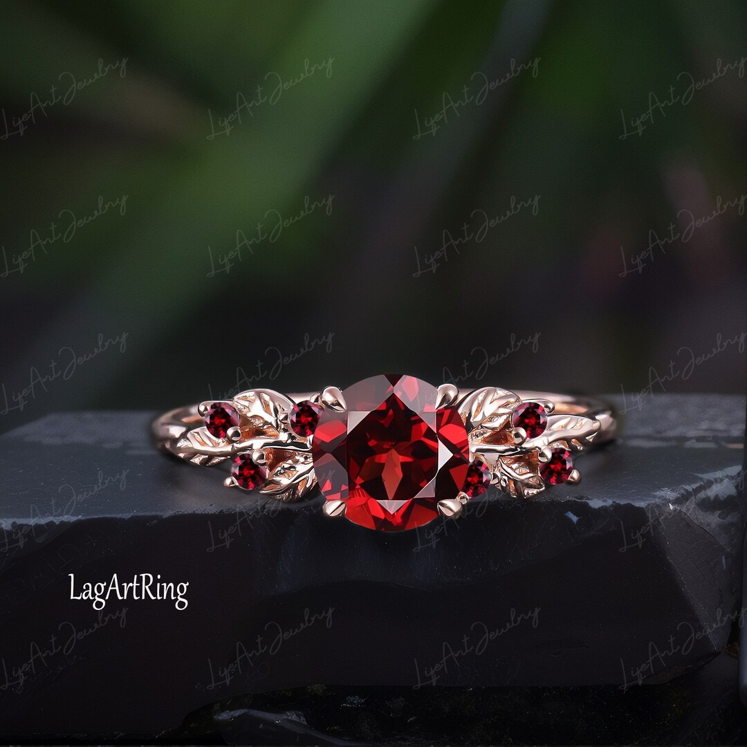 Garnet Engagement Ring Rose Gold Promise Ring for Her Leaf Nature ...