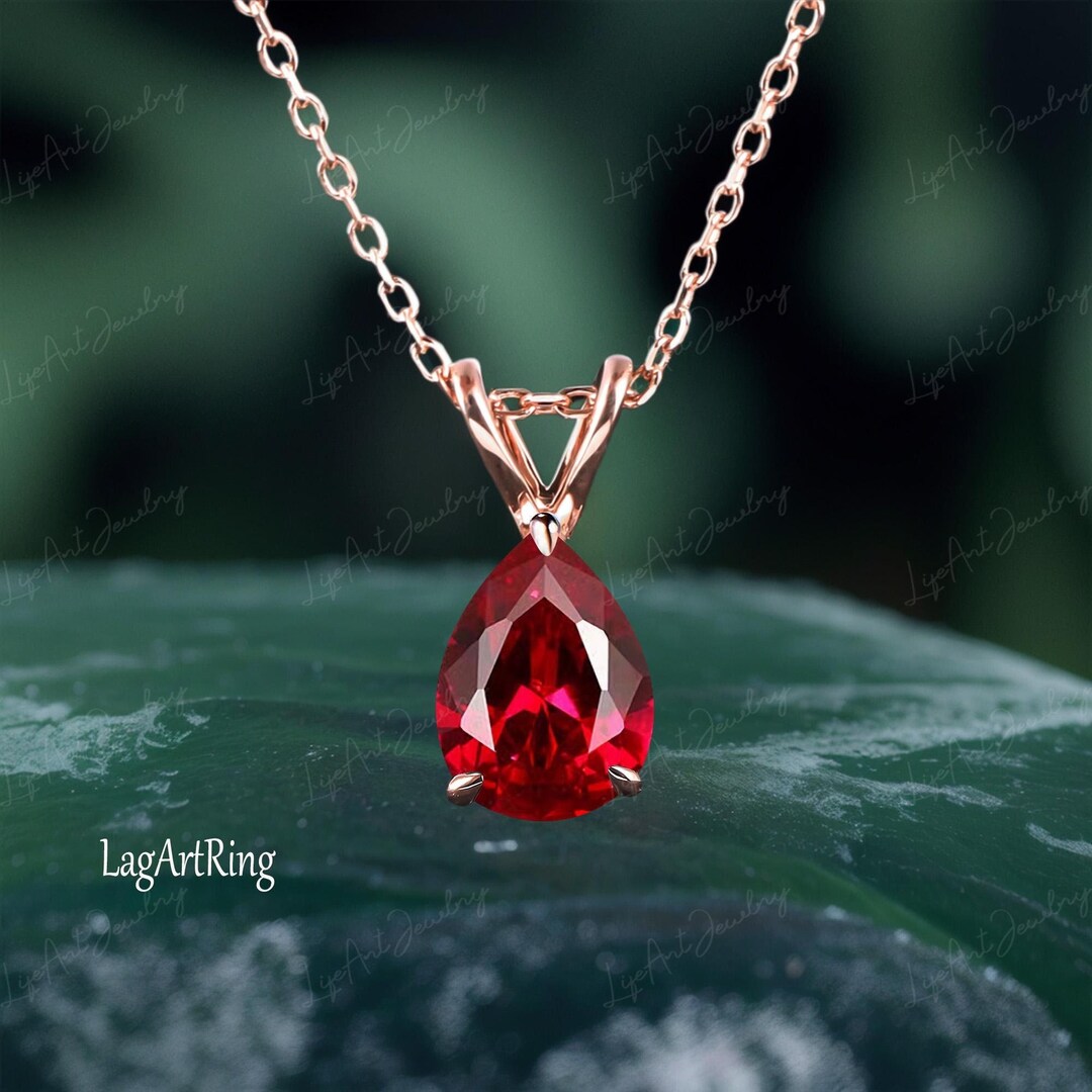 Pear Shaped Ruby Pendant for Her 14k Rose Gold Necklace Vintage Unique ...