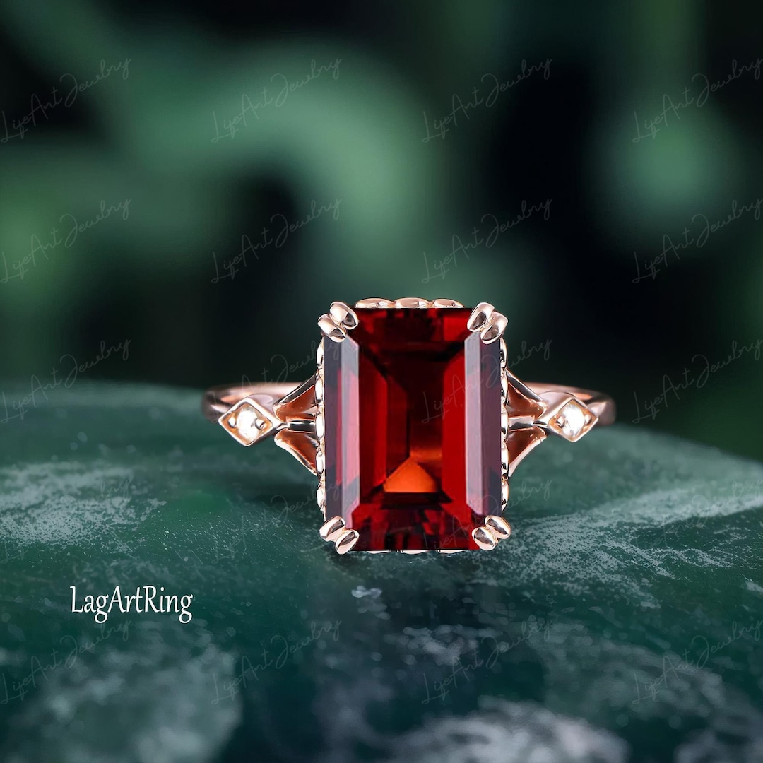 Unique Emerald Cut Garnet Engagement Ring Vintage 14K Rose Gold Promise ...
