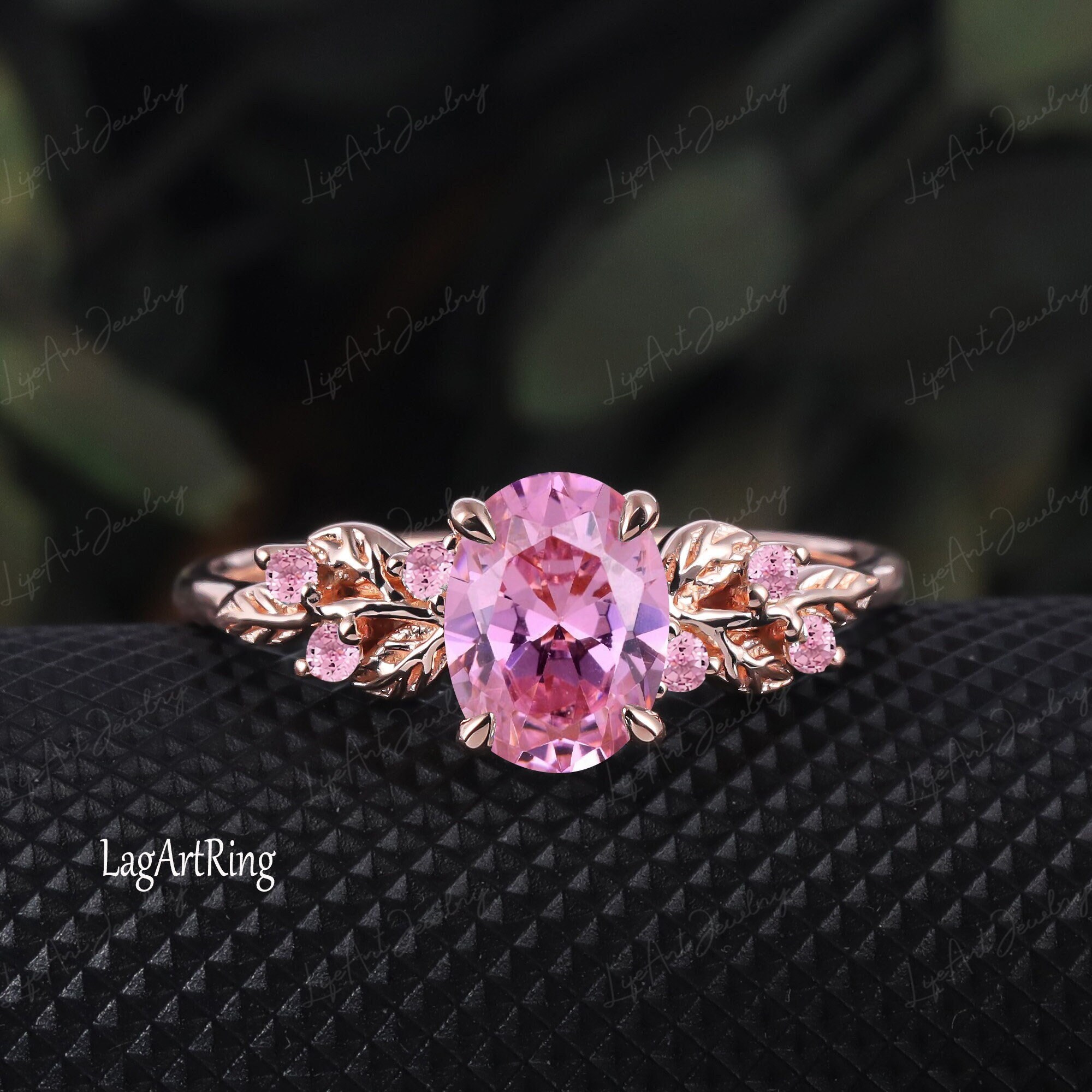 Oval Cut Pink Sapphire Engagement Ring Rose Gold Promise Ring Leaf ...