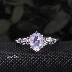Oval Lavender Amethyst Engagement Ring Set Rose Gold Promise Ring Leaf ...