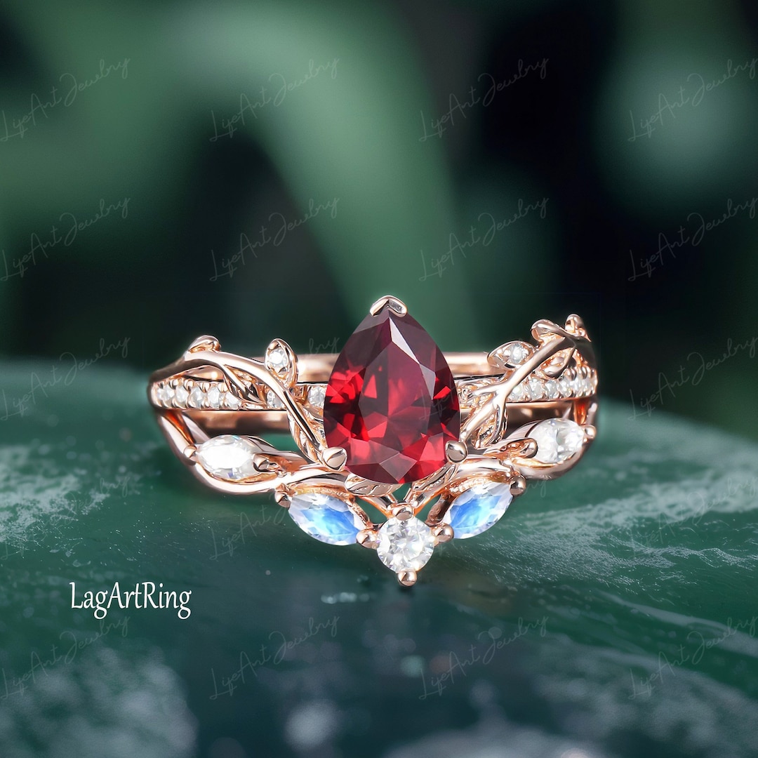 Pear Shaped Ruby Engagement Ring Sets Rose Gold Promise Ring Leaf ...