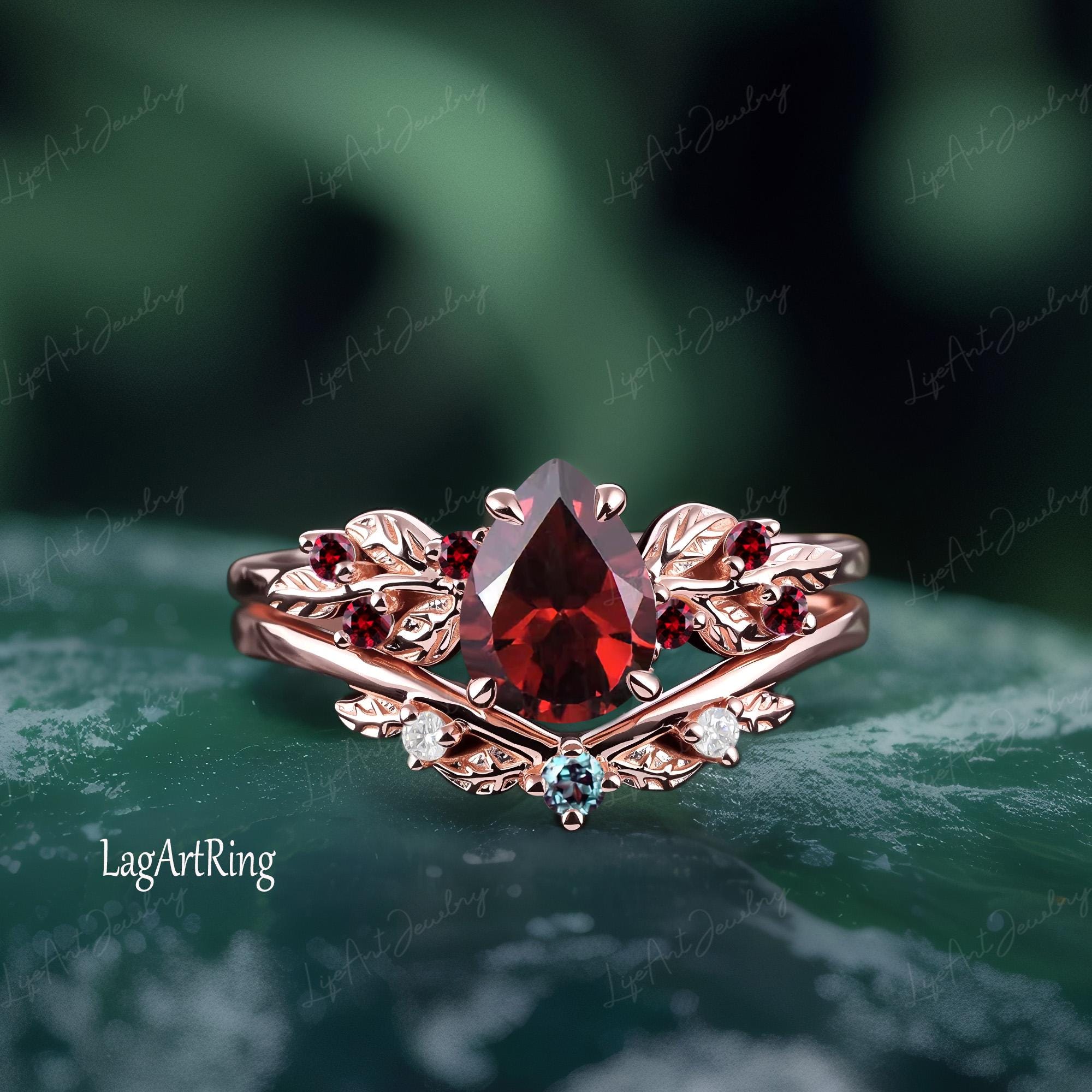 Pear Shaped Garnet Engagement Ring Set 14K Rose Gold Promise Ring for ...