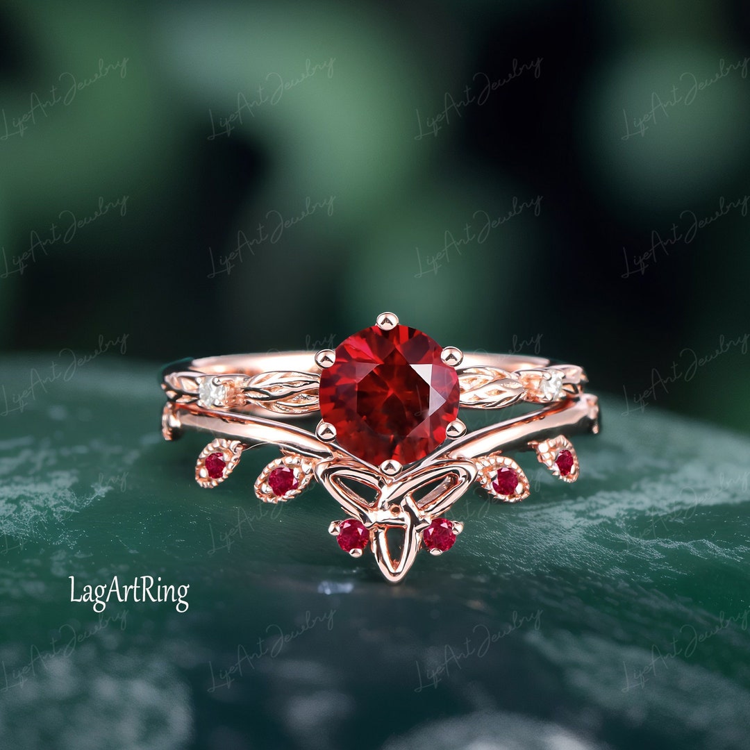 Lab Created Ruby Engagement Ring Set Rose Gold Ring for Women Leaf Design Bridal Set Nature ...
