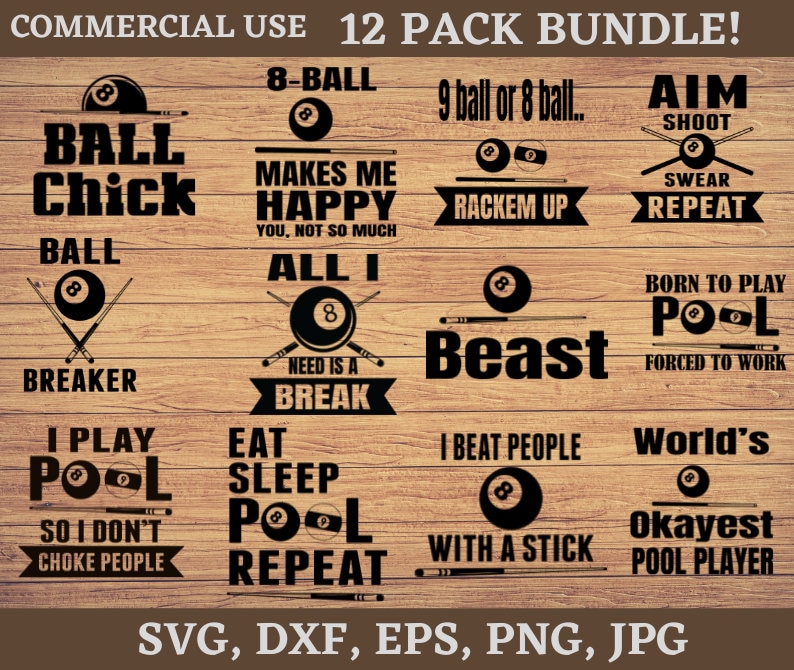 Billiards Pool Players Bundle 12 Svg, Png, Jpg, Dxf, Eps, Billiards Svg ...