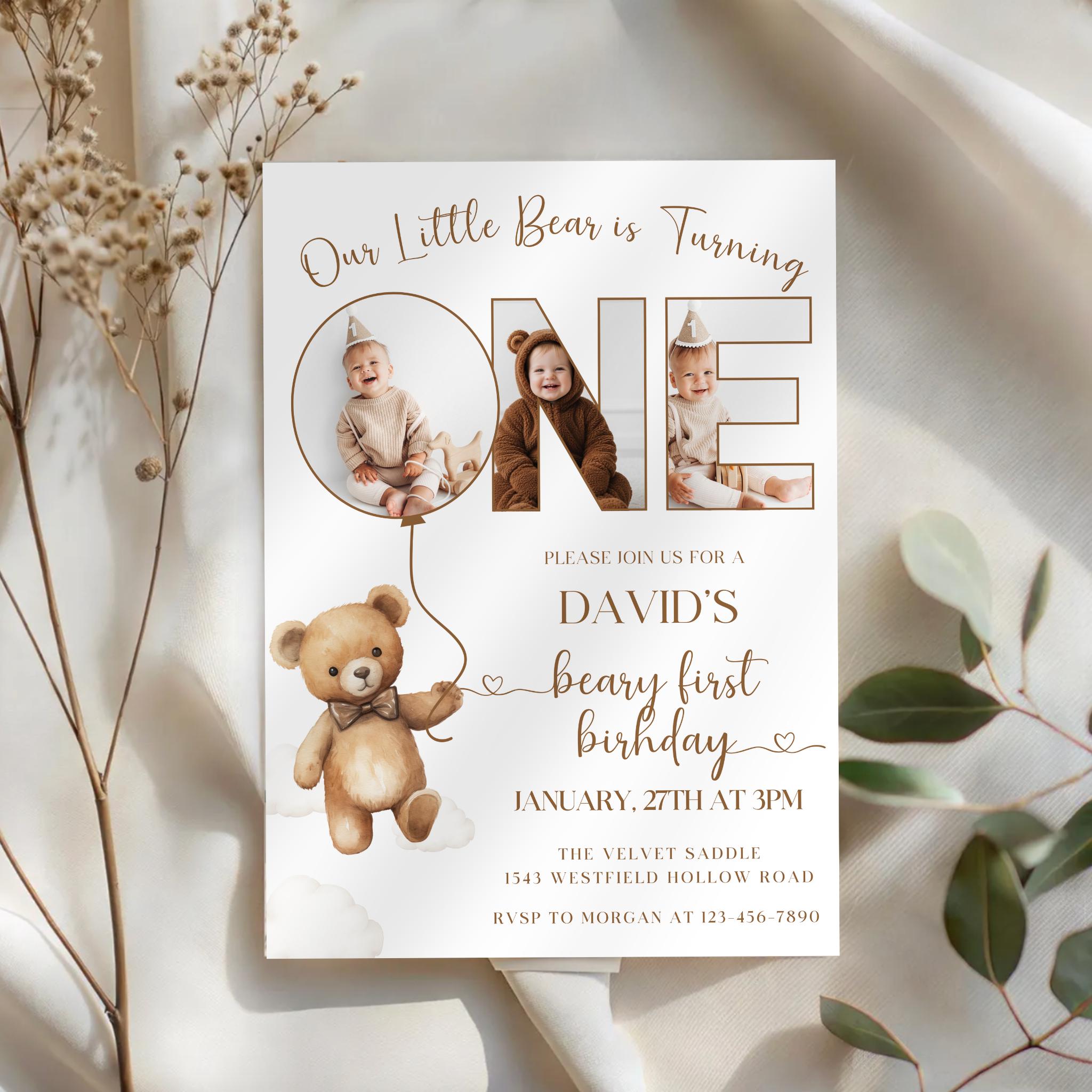 Little Bear First Birthday Invitation With Photo, Editable Teddy Bear ...