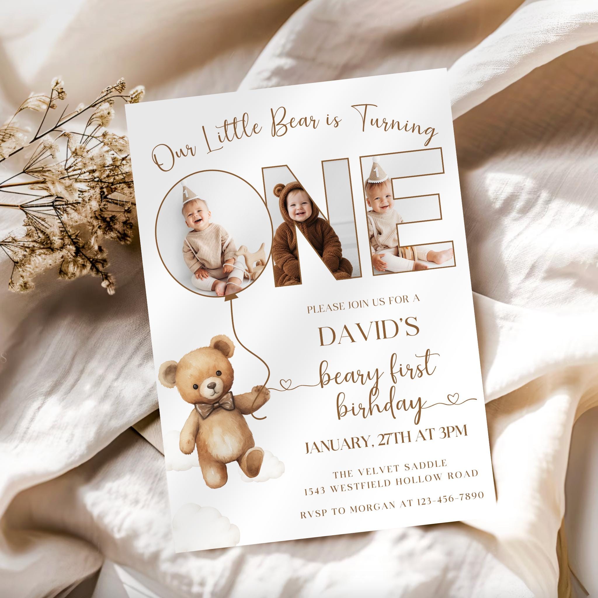 Little Bear First Birthday Invitation With Photo, Editable Teddy Bear ...