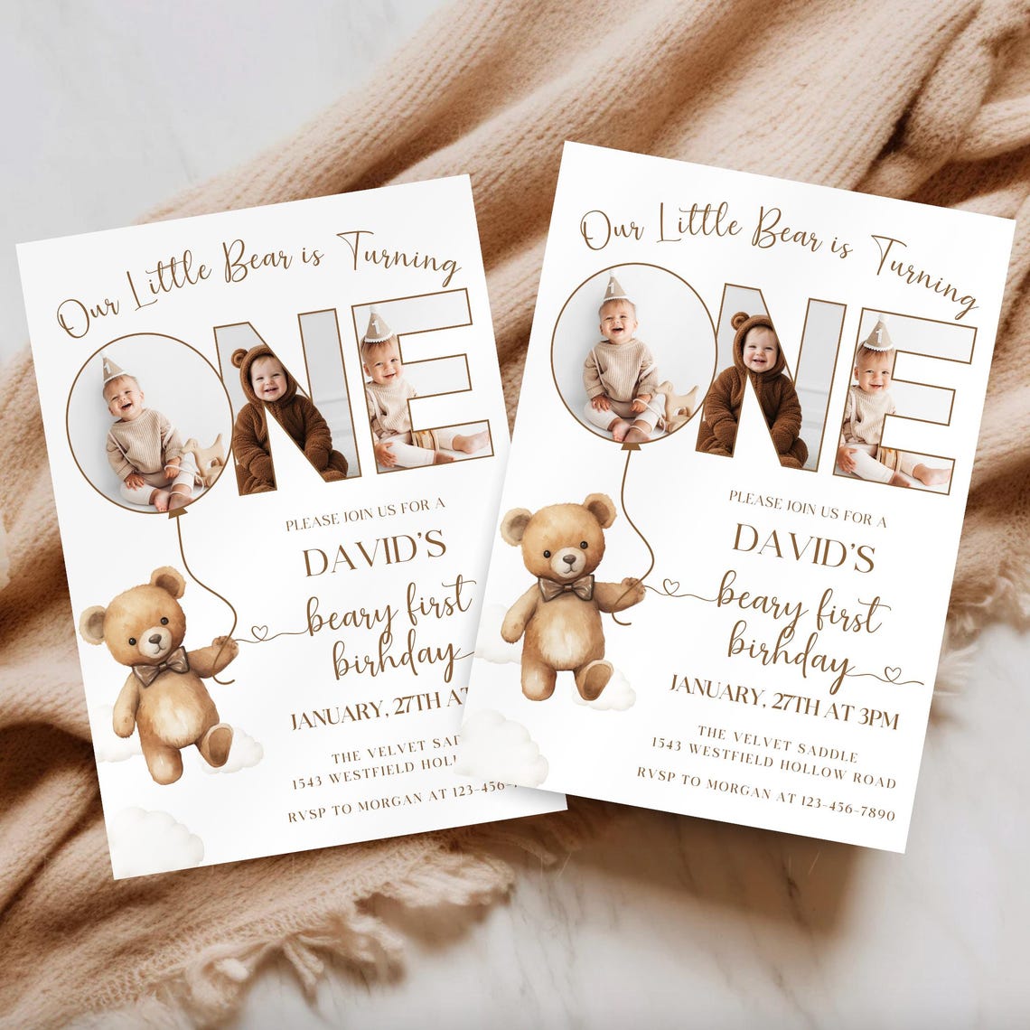 Little Bear First Birthday Invitation With Photo, Editable Teddy Bear ...