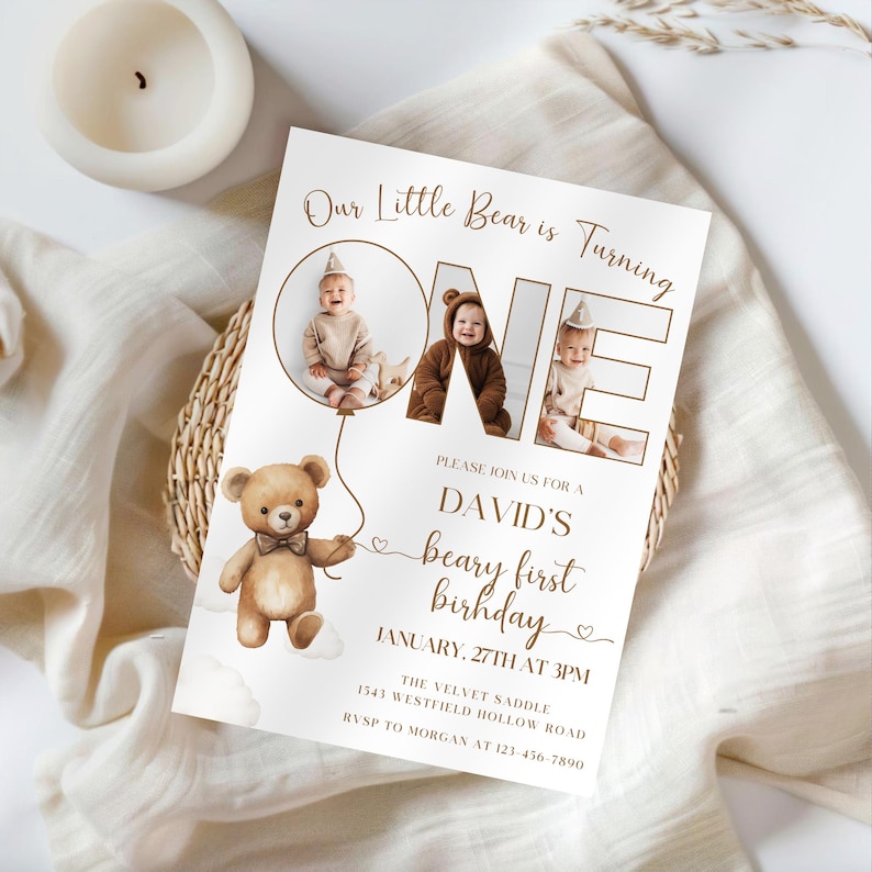 Little Bear First Birthday Invitation With Photo, Editable Teddy Bear ...