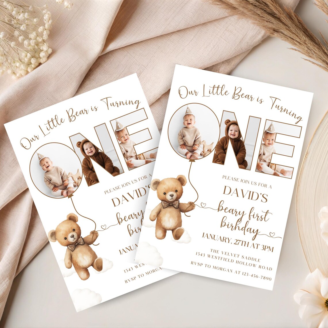 Little Bear First Birthday Invitation With Photo, Editable Teddy Bear ...