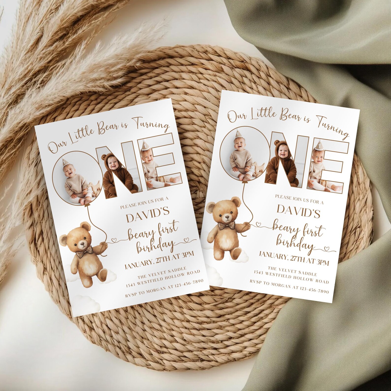 Little Bear First Birthday Invitation With Photo, Editable Teddy Bear ...