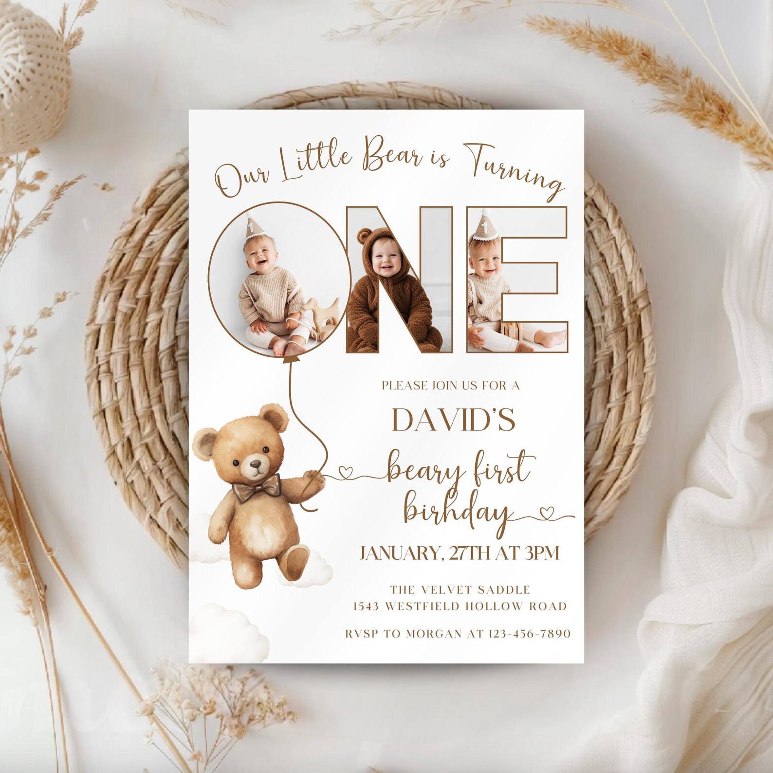 Little Bear First Birthday Invitation With Photo, Editable Teddy Bear ...