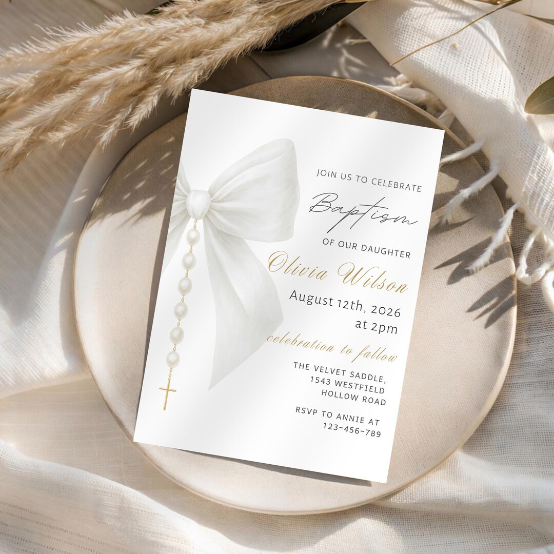 Elegant Baptism Invitation Template White Bow Baptism Invitation ...