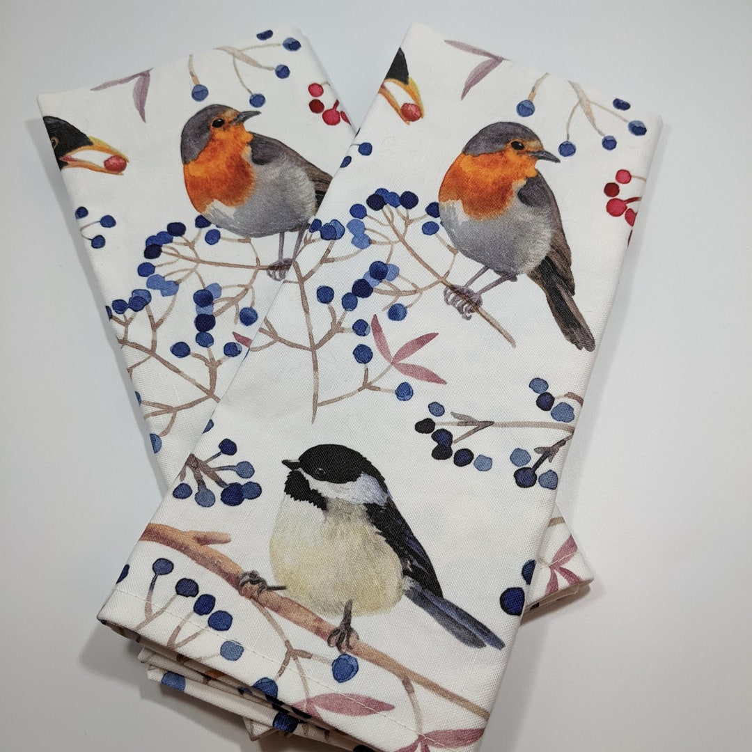 Winter Birds Designer Tea Towel, 100% Linen Cotton, Lint-free Dishtowel ...