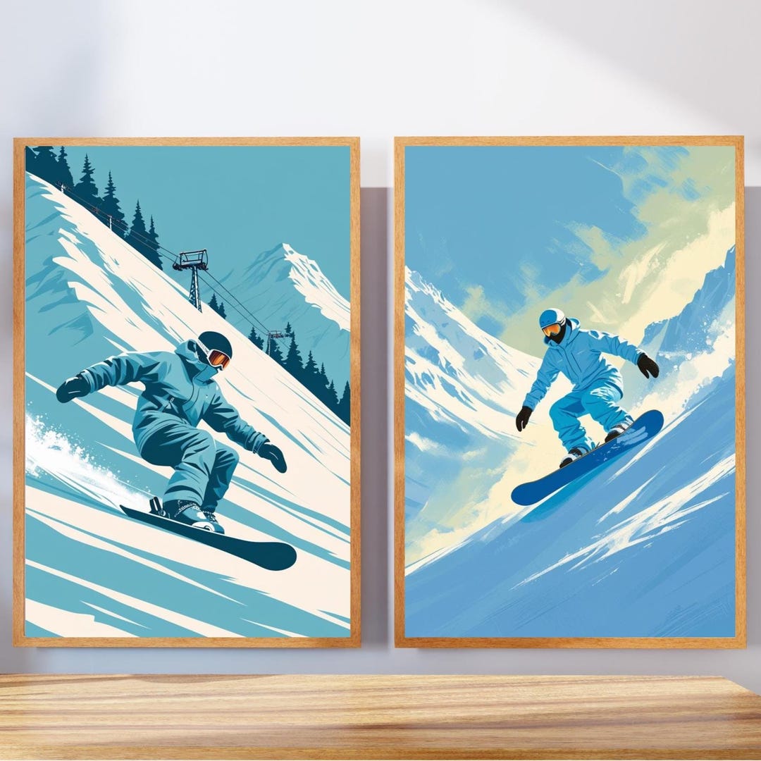 Minimalist Snowboarding Art Set, Blue Winter Mountain Prints, Modern ...