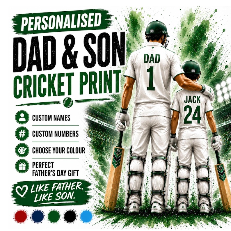 Personalised Dad Son Cricket Print | Custom Watercolour Artwork, Father ...