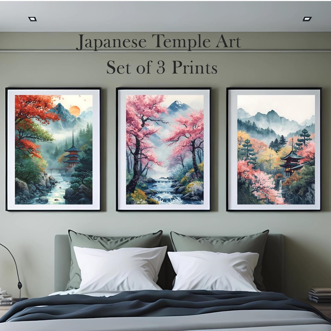 Set of 3 Japanese Temple Prints – River & Trees Wall Art - Etsy